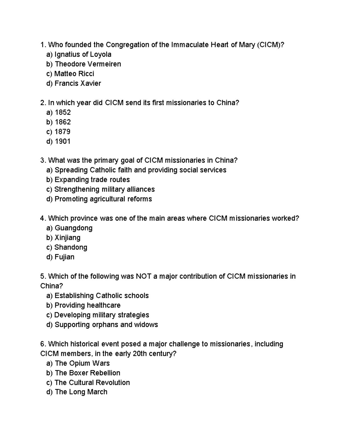 CICM Missionaries in China: Multiple Choice Questions & Answers - Studocu