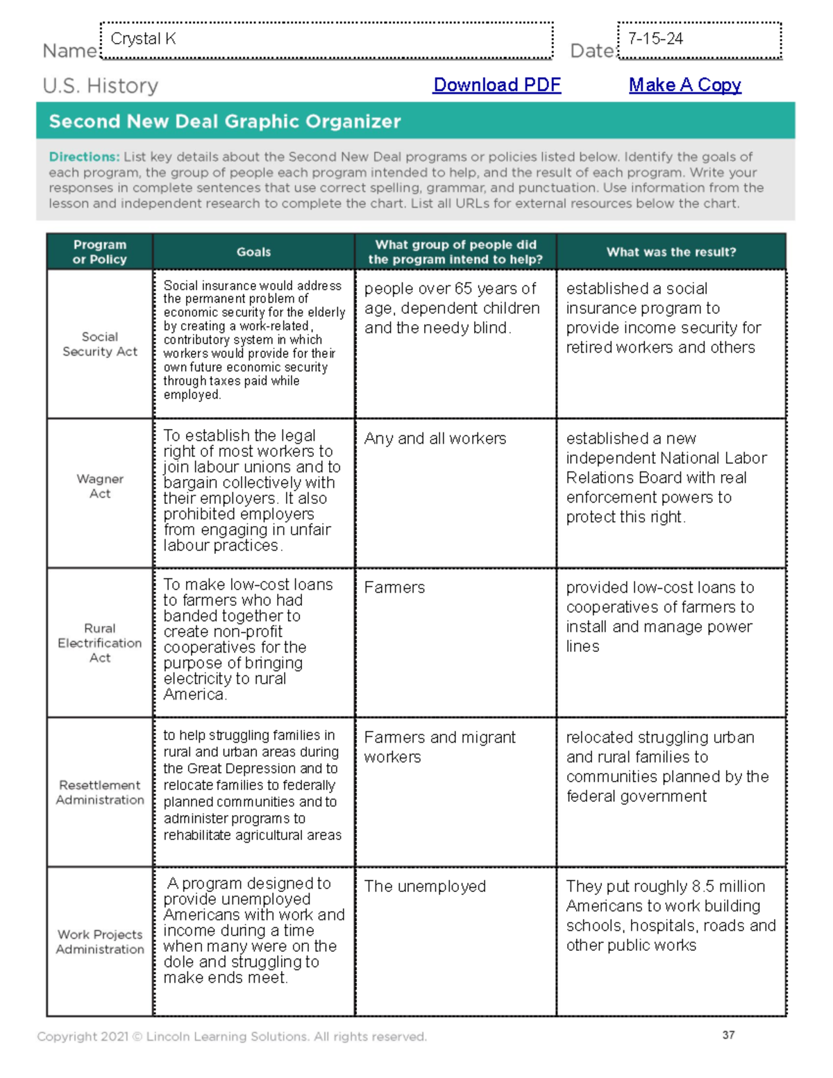 Crystal K - Second New Deal Graphic Organizer - Social insurance would ...