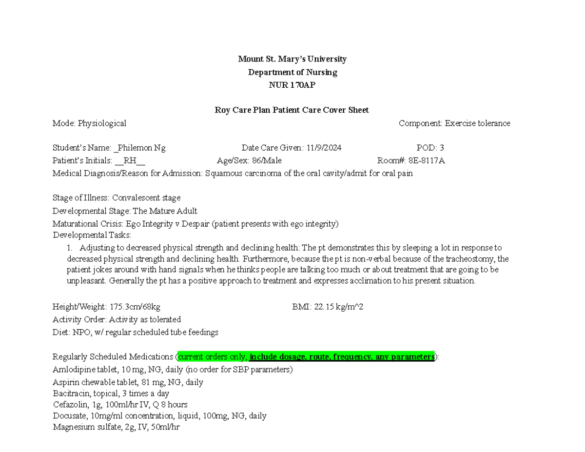 Roy Care Plan1 - roy care plan model - Mount St. Mary’s University ...