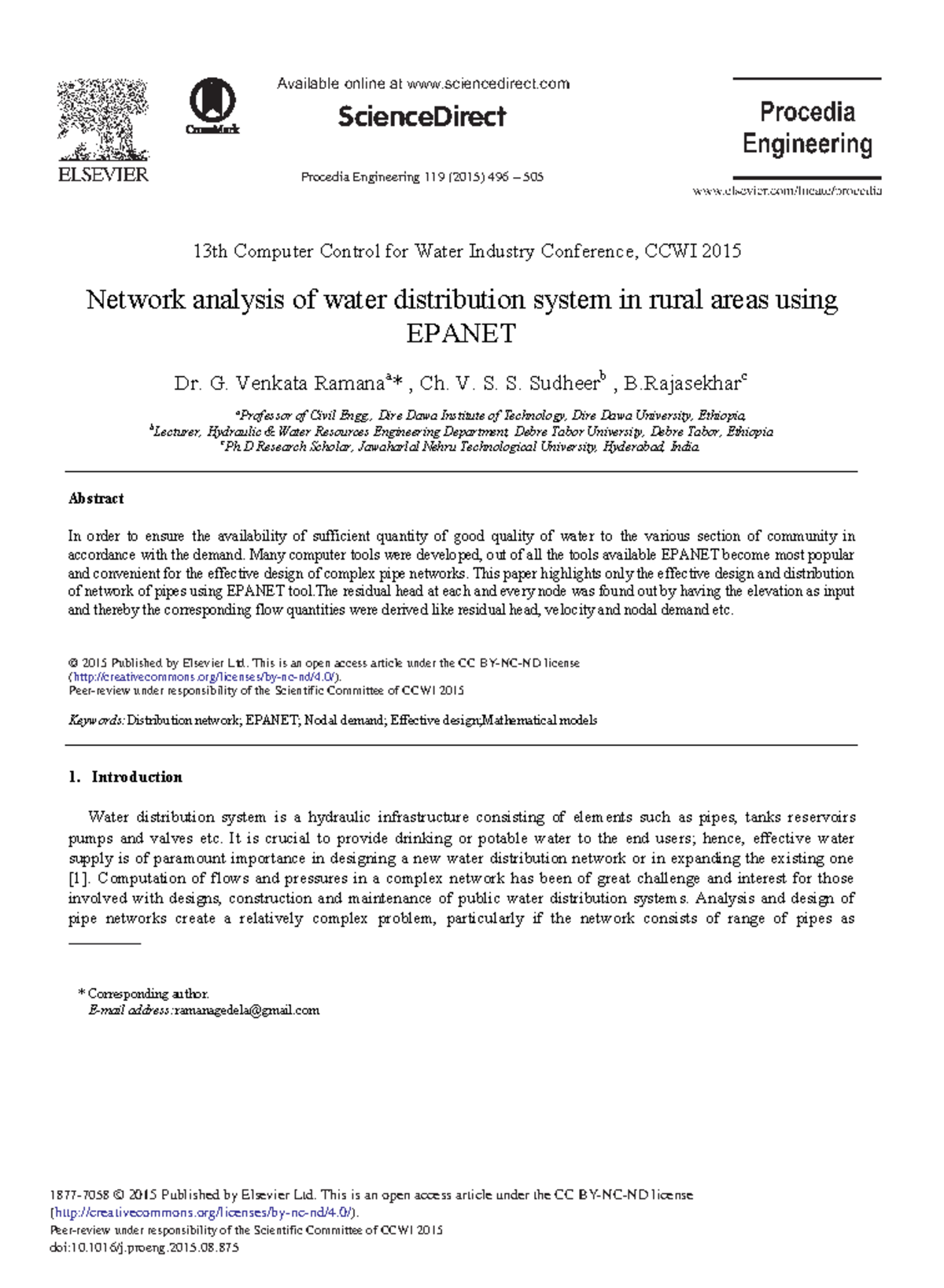 Epanet water supply design - Procedia Engineering 119 ( 2015 ) 496 ...