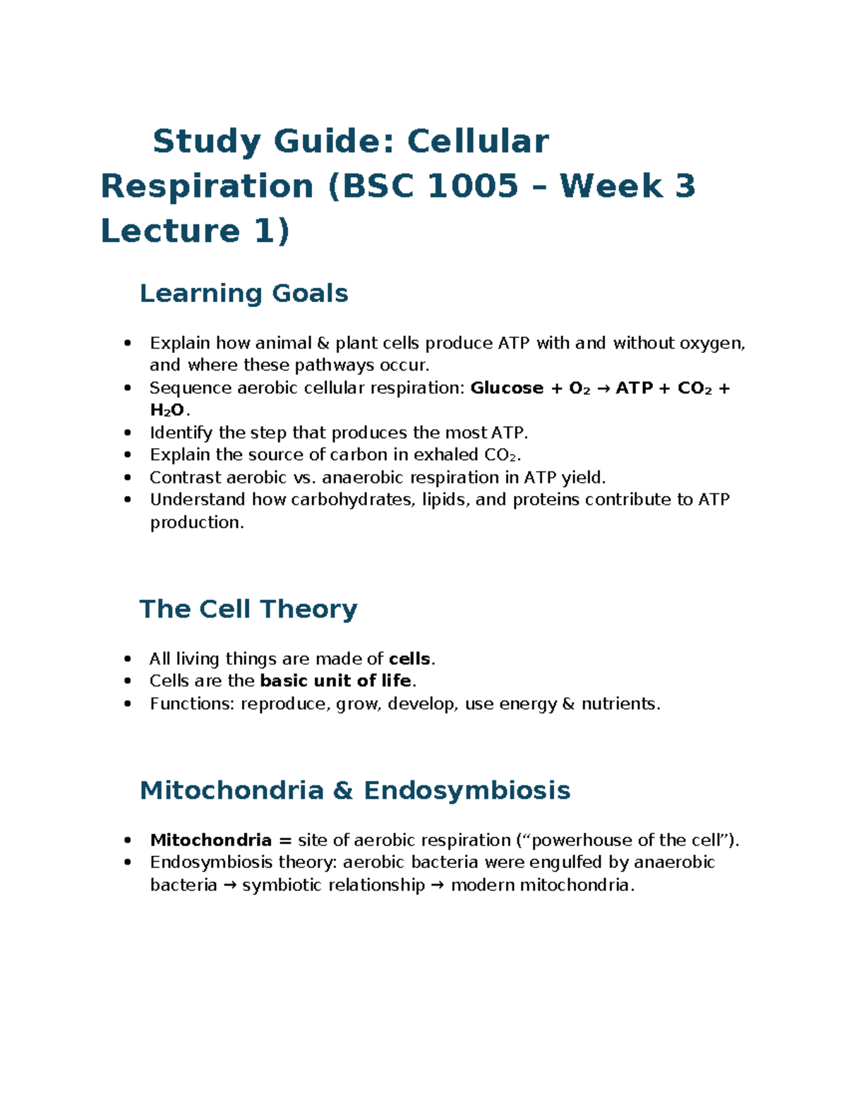 Study Guide: Cellular Respiration & Caffeine (BSC 1005 - Week 3) - Studocu