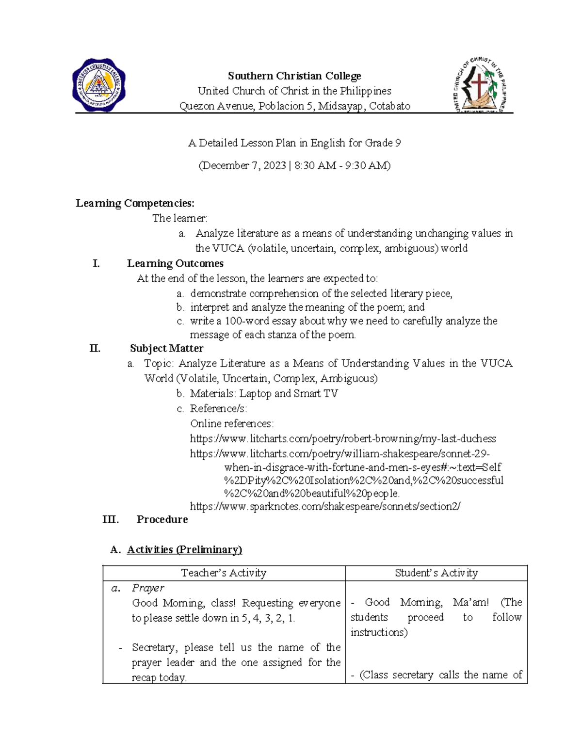 Grade 9 English Lesson Plan: Analyzing Literature in a VUCA World - Studocu