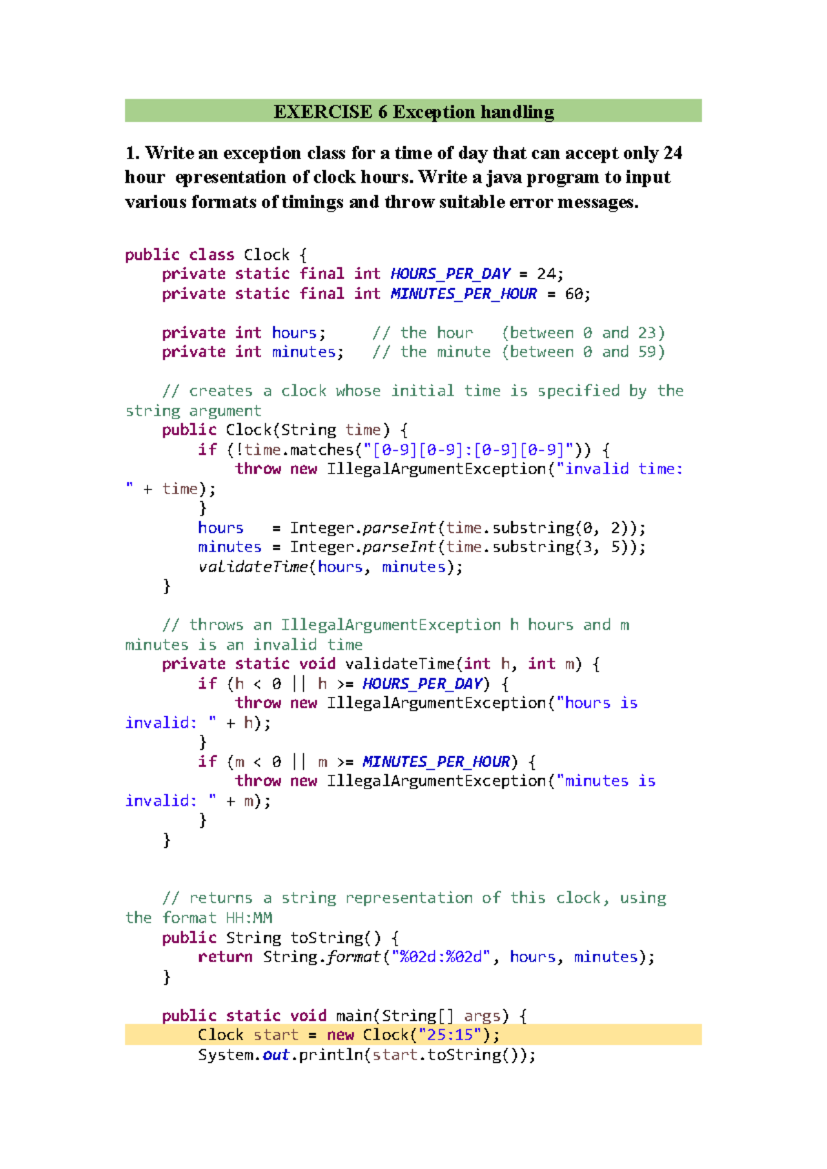 exception handling Exercise 6,7,8 - EXERCISE 6 Exception handling 1 ...