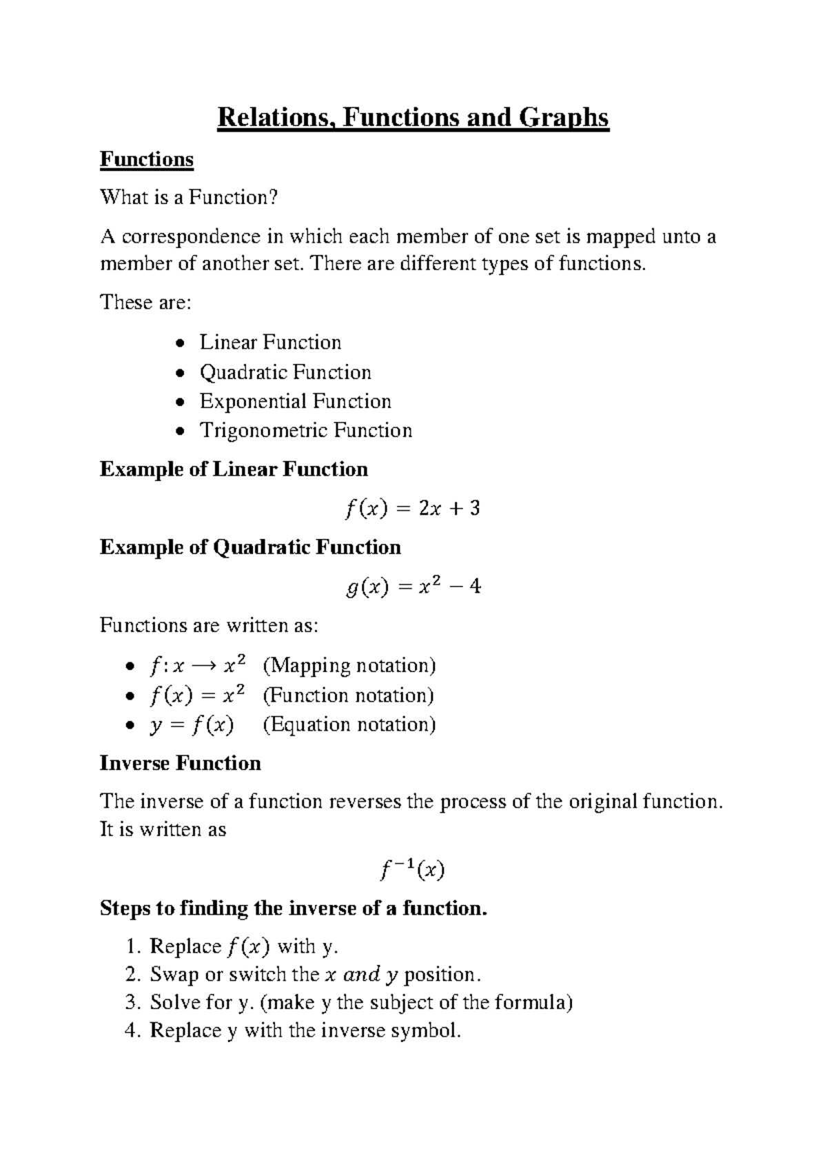 Relations, Functions, and Graphs: Understanding Key Concepts - Studocu