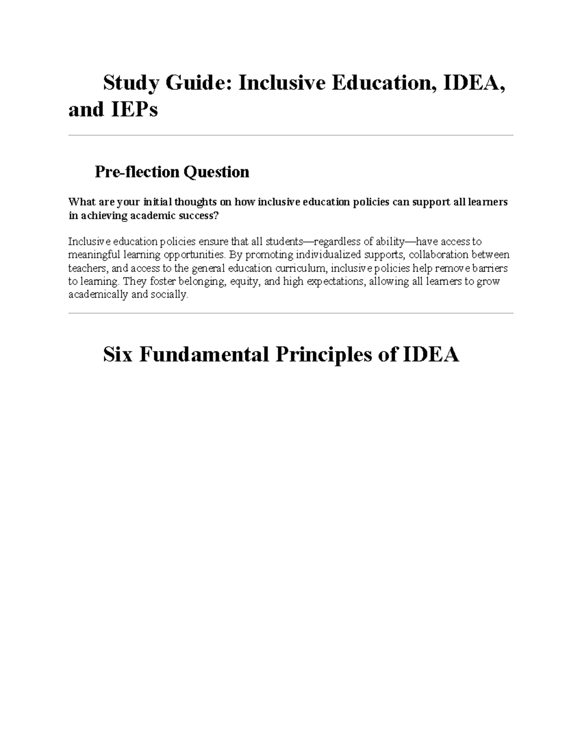 📘 Study Guide: Inclusive Education, IDEA, and IEPs Overview - Studocu