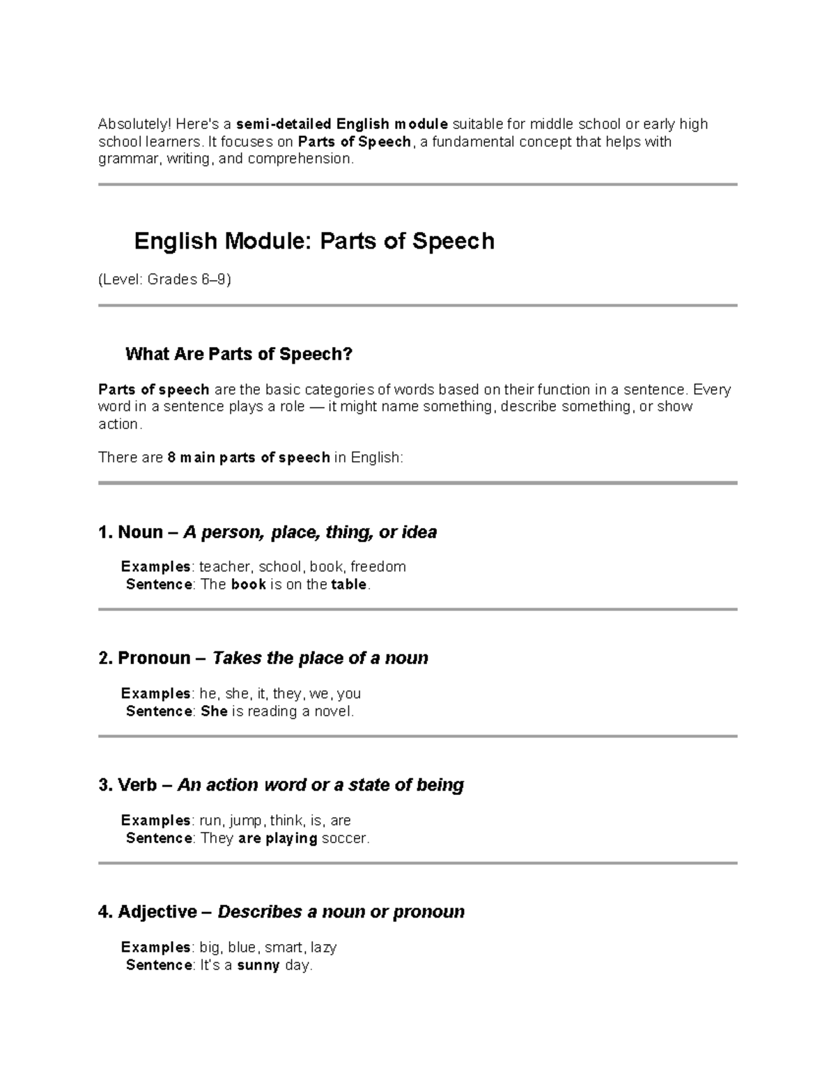English Module: Parts of Speech Overview for Grades 6-9 - Studocu