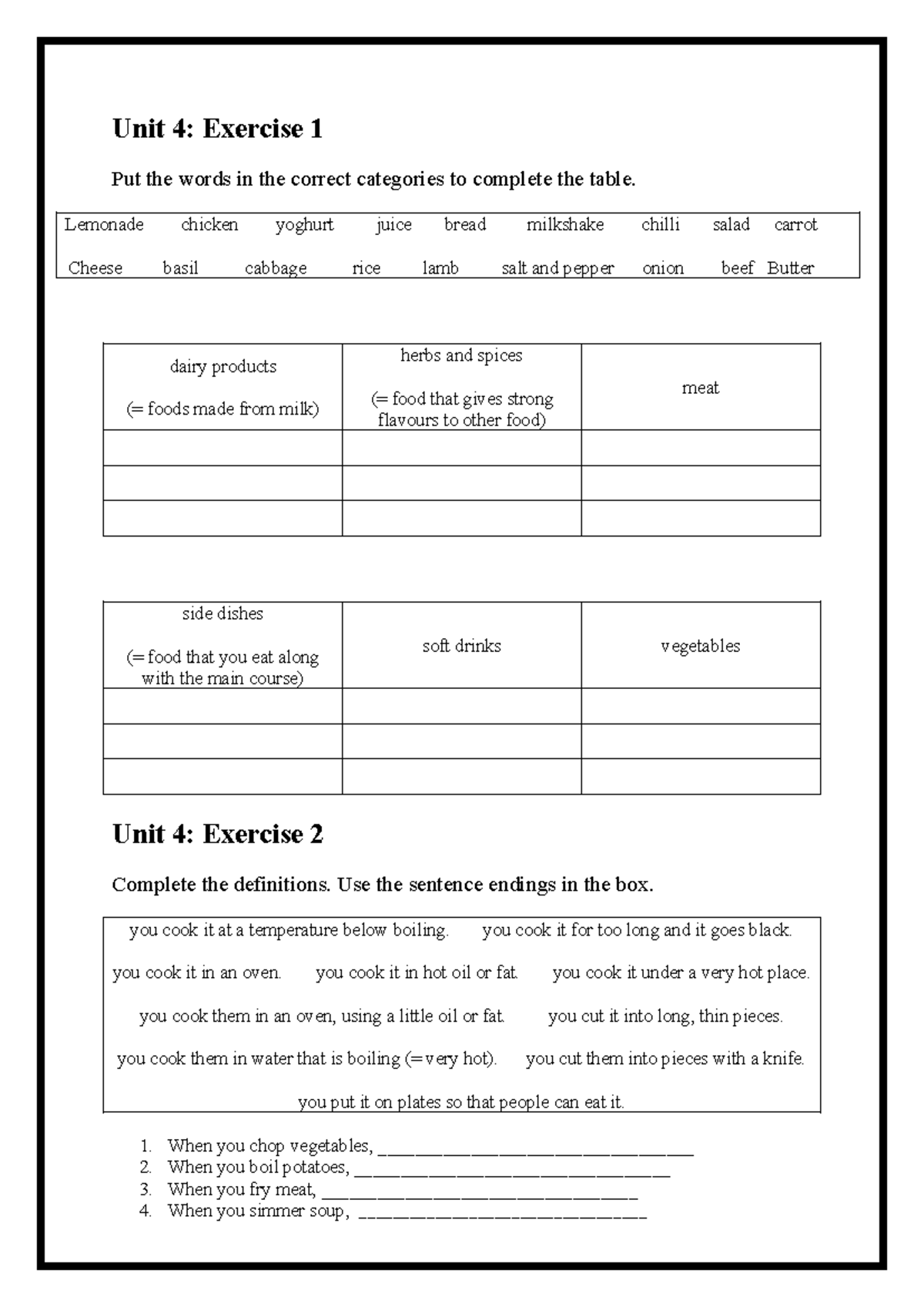 Unit 4: Grammar & Vocabulary Exercises on Food and Cooking - Studocu