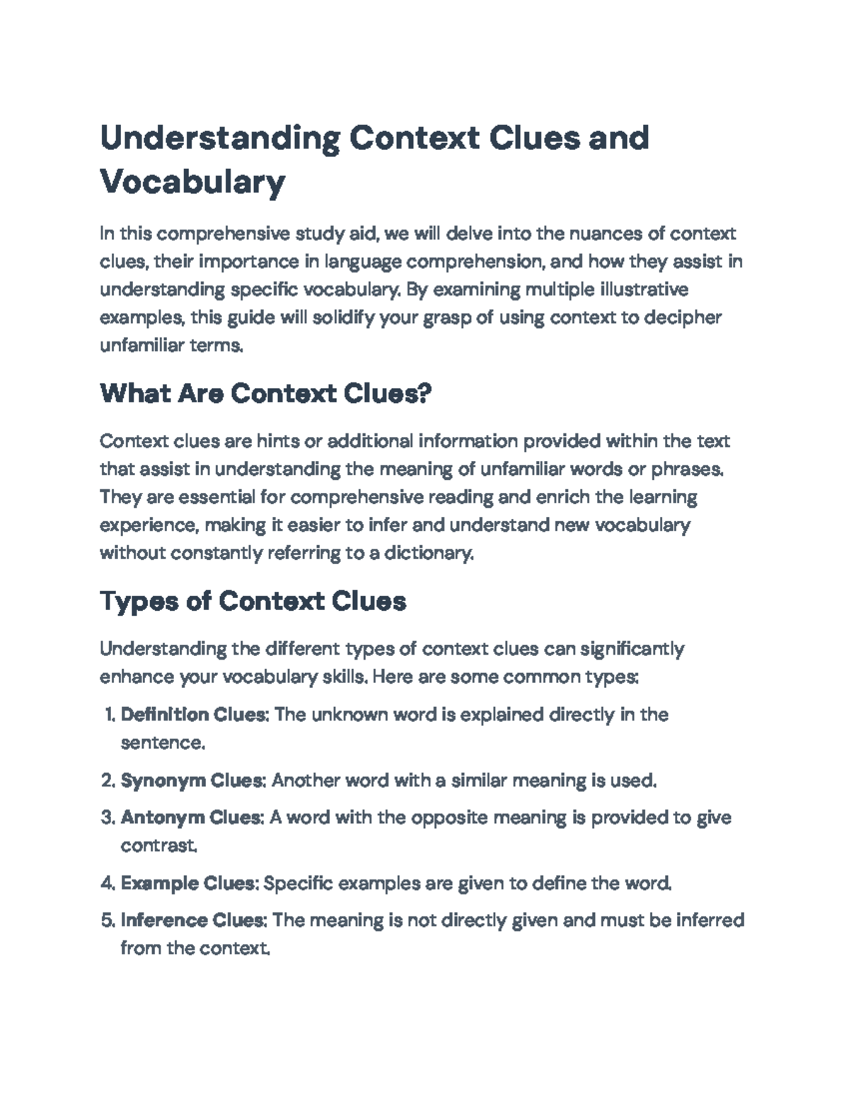 Context Clues and Vocabulary Enhancement Study Guide - Understanding ...