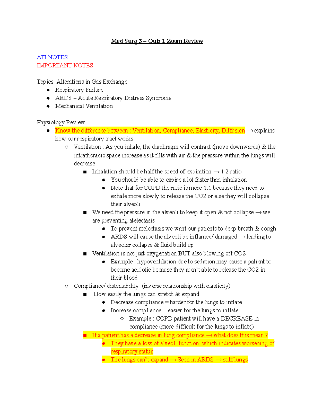 Med Surg 3 – Quiz 1: Key Concepts on Respiratory Failure and ARDS - Studocu
