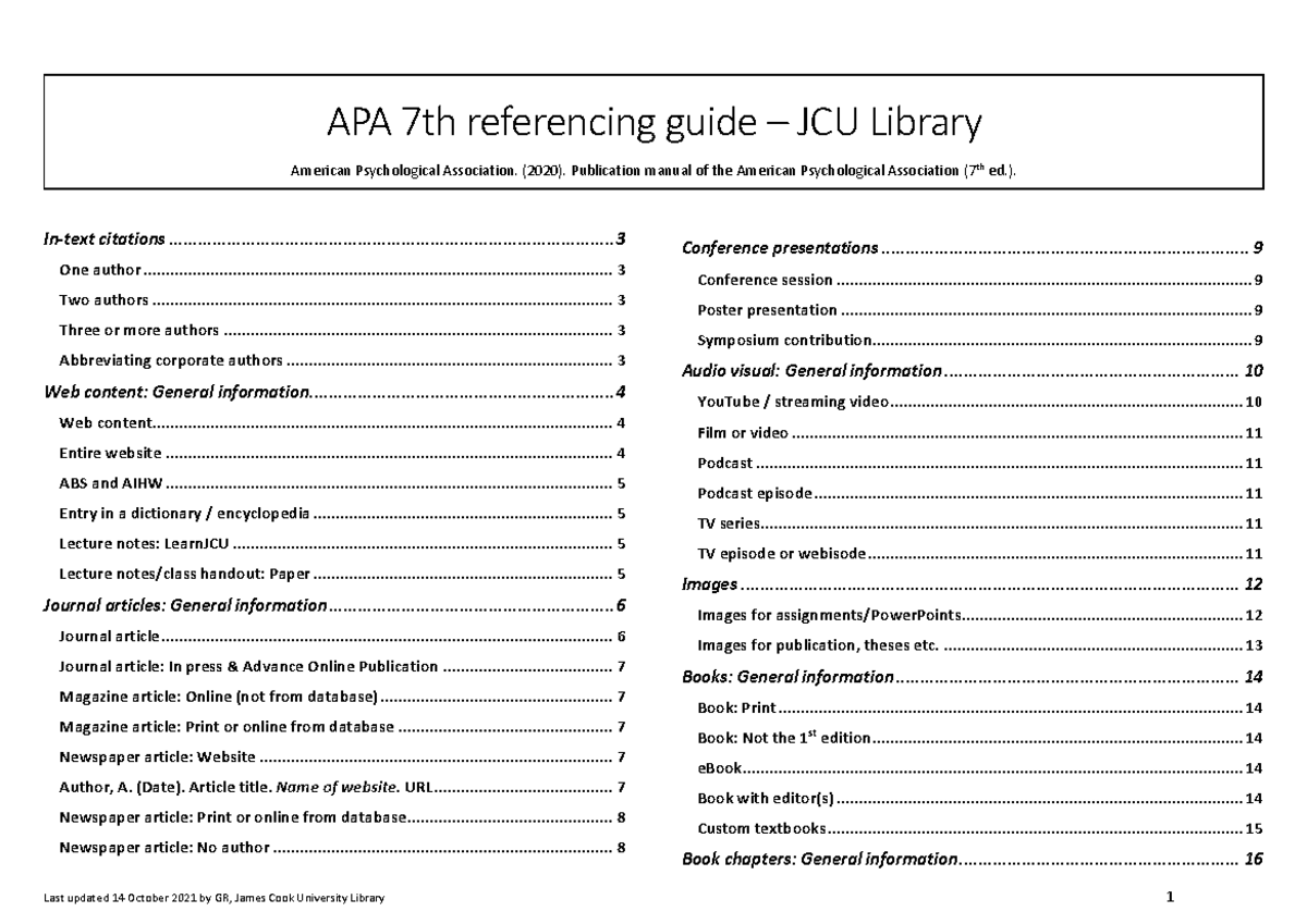 APA 7th Edition Referencing Guide - JCU Library Handout (14Oct21) - Studocu