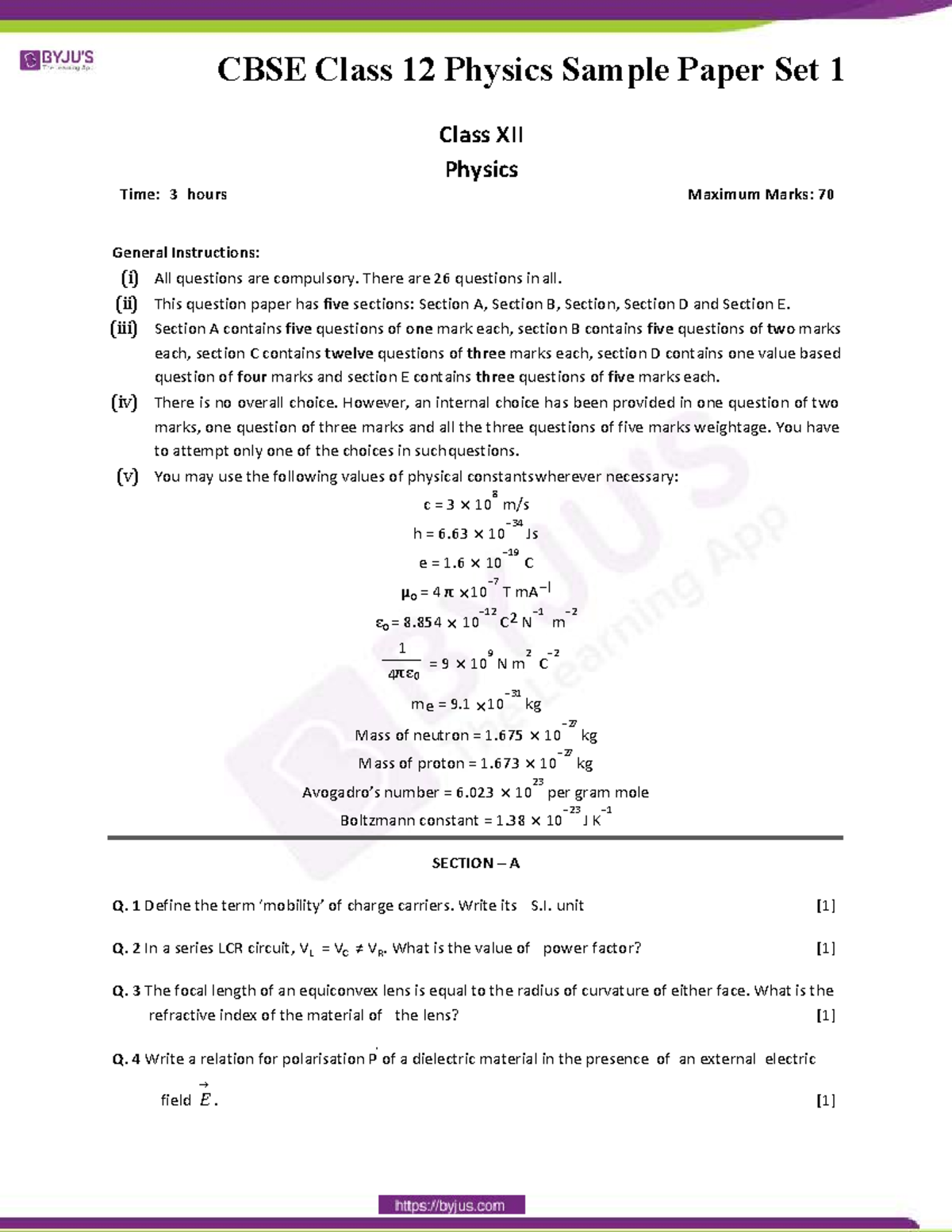 CBSE Class 12 Physics Sample Paper Set 1: Comprehensive Review - Studocu