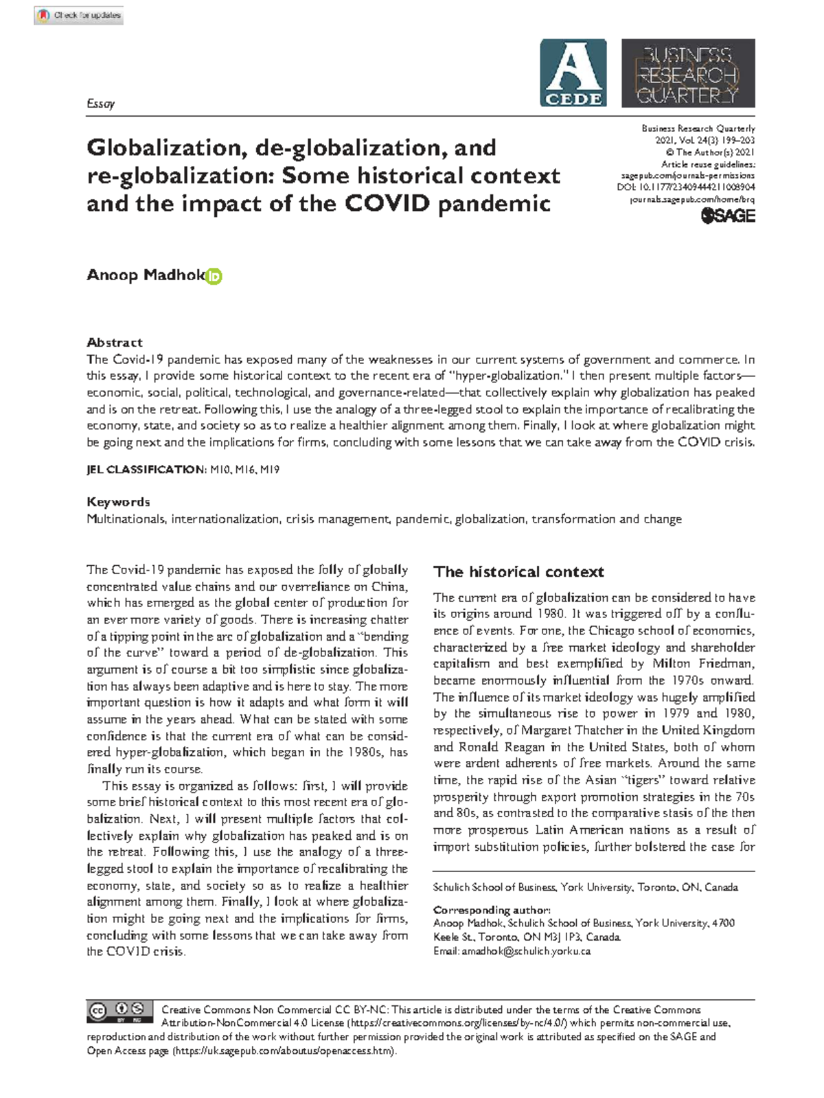 1008904 Business Research Quarterly: Globalization & COVID Impact Essay ...