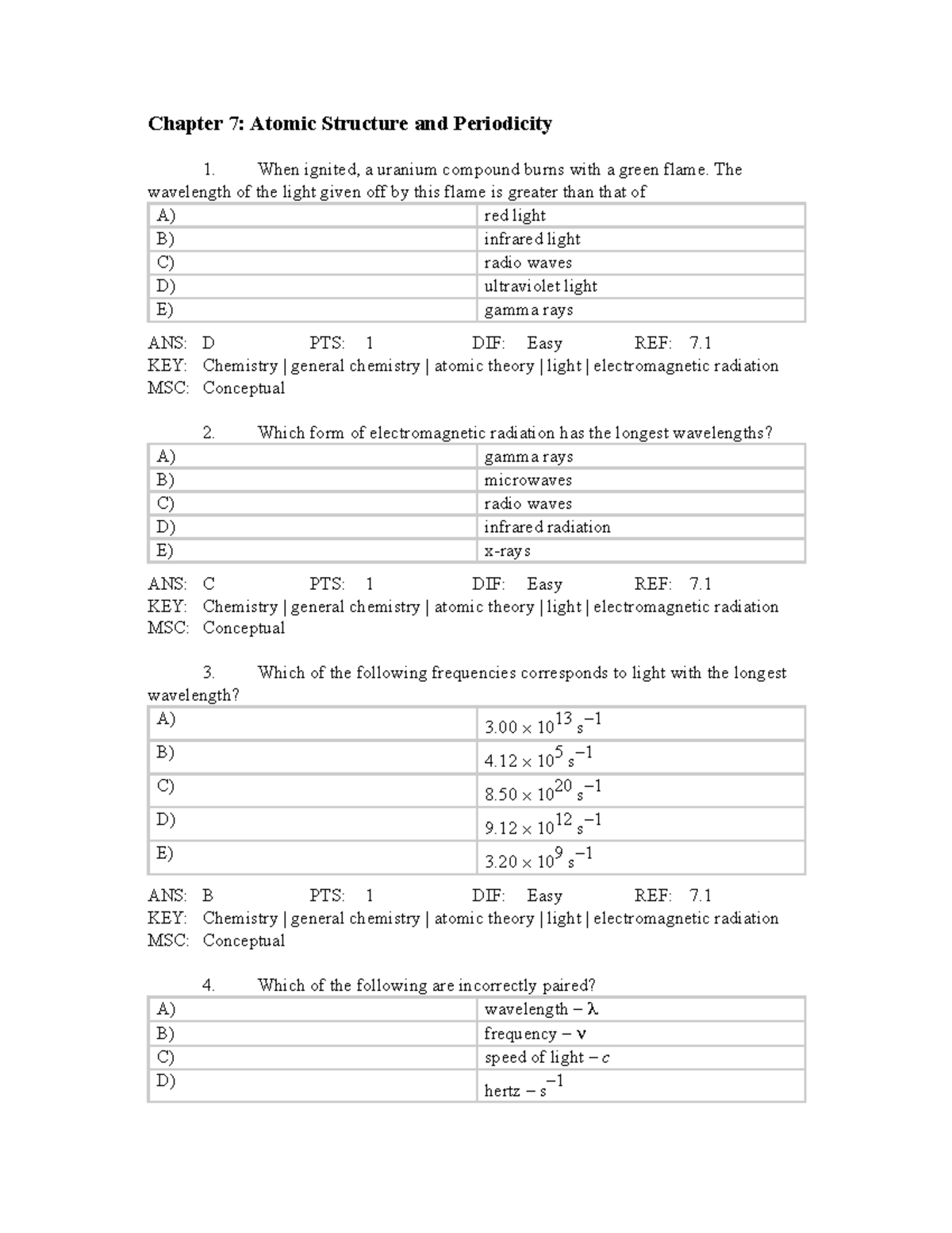 Chapter 7 Practice Questions with Answers for Gen. Chem. (CHEM101 ...