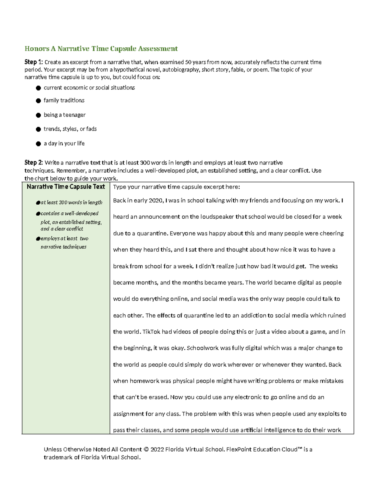 Honors A Narrative Time Capsule Assessment Rubric - Studocu