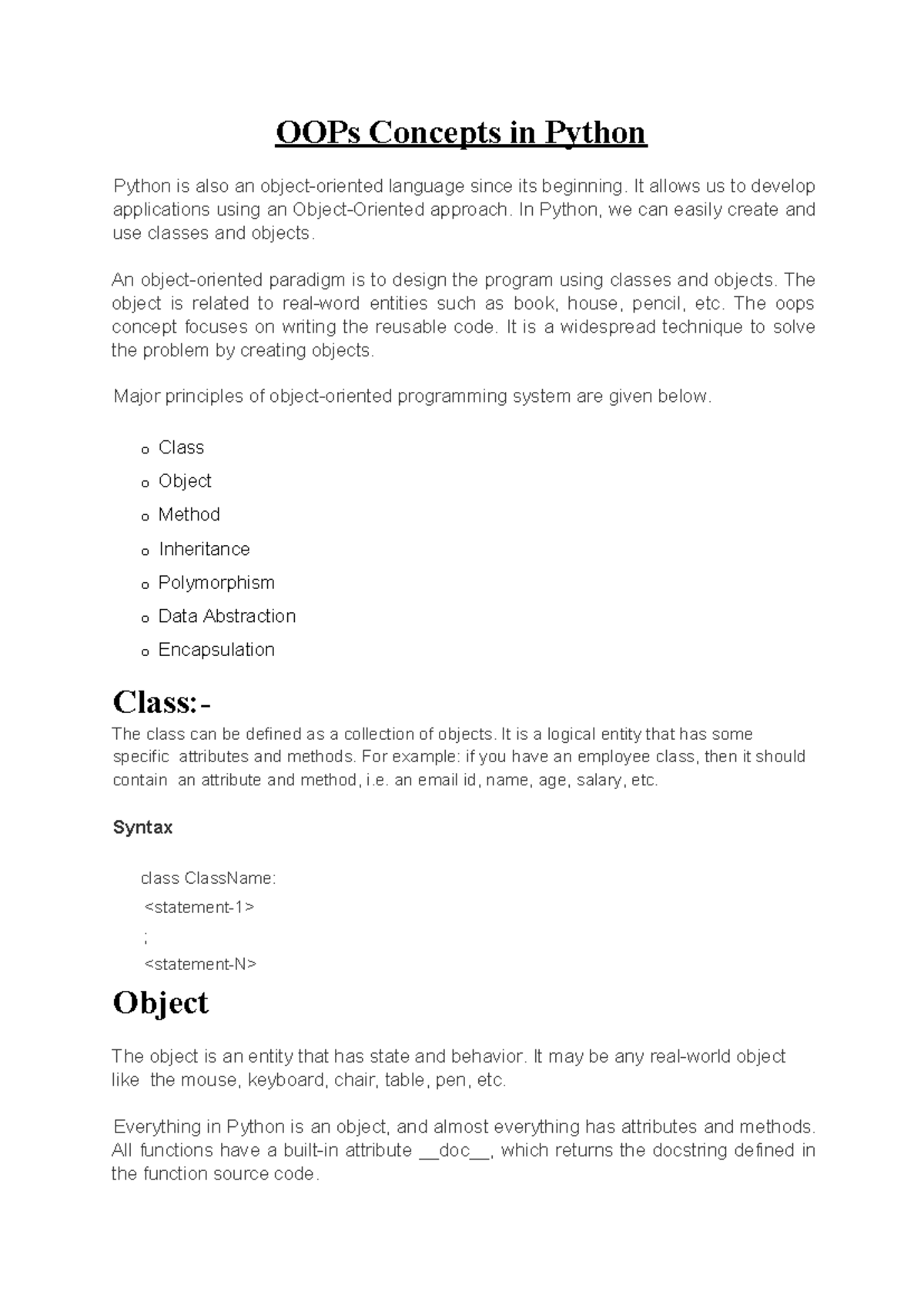OOP Concepts in Python: A Comprehensive Guide to OOP Principles - Studocu