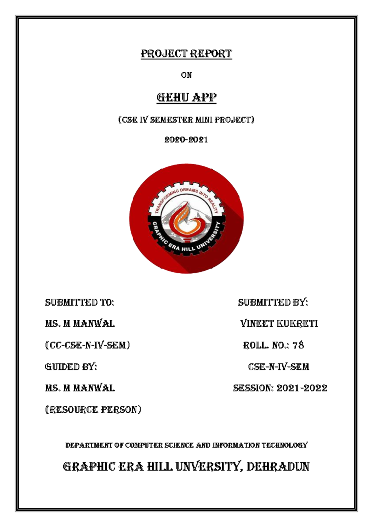 CSE IV Sem Mini Project Report on Gehu App Development - Studocu
