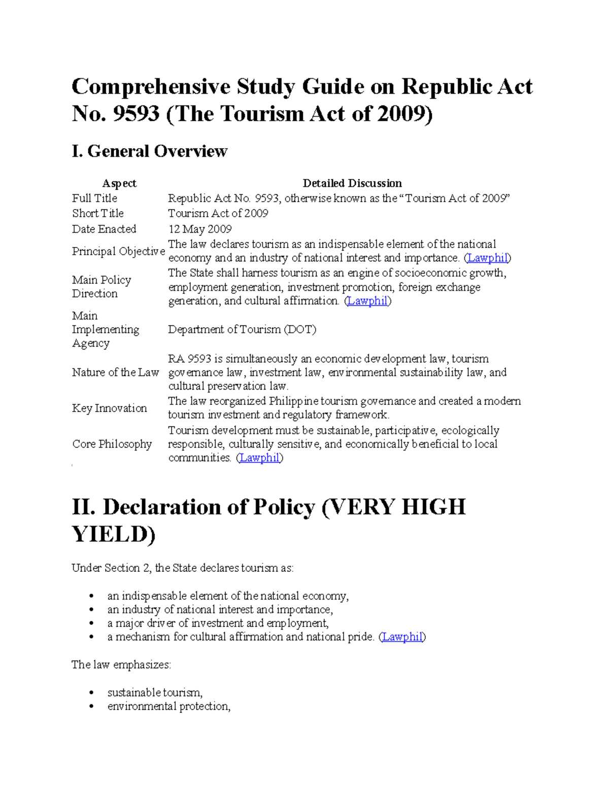 Comprehensive Study Guide: RA 9593 (The Tourism Act of 2009) - Studocu