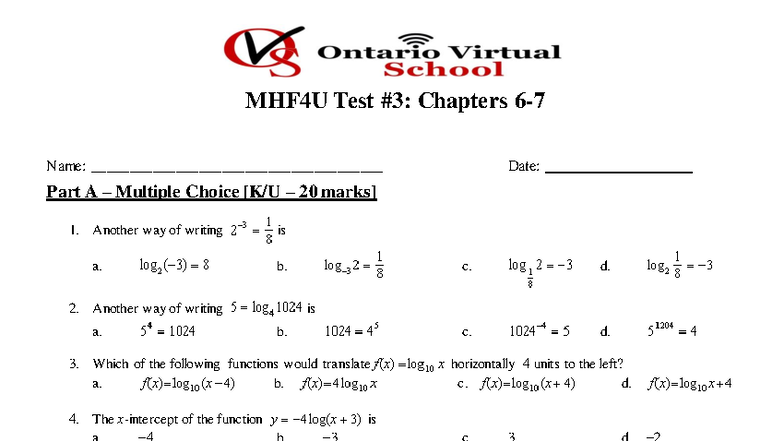 MHF4U Unit 3 Practice Test: Multiple Choice & Applications - Studocu