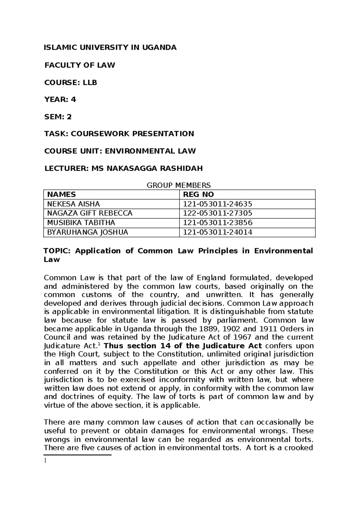 LLB 4 SEM 2 Coursework: Common Law Principles in Environmental Law ...