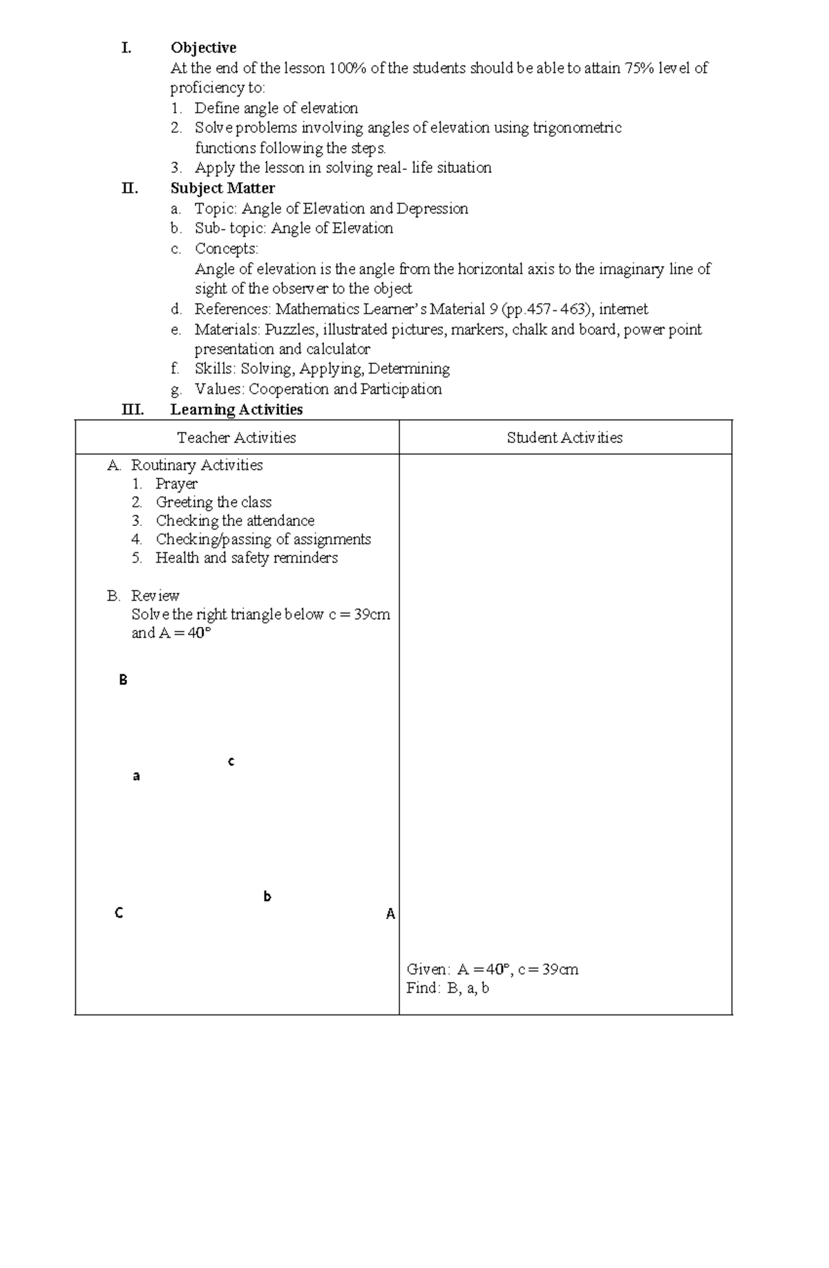 Mathematics 9: Lesson on Angle of Elevation and Depression Activities ...