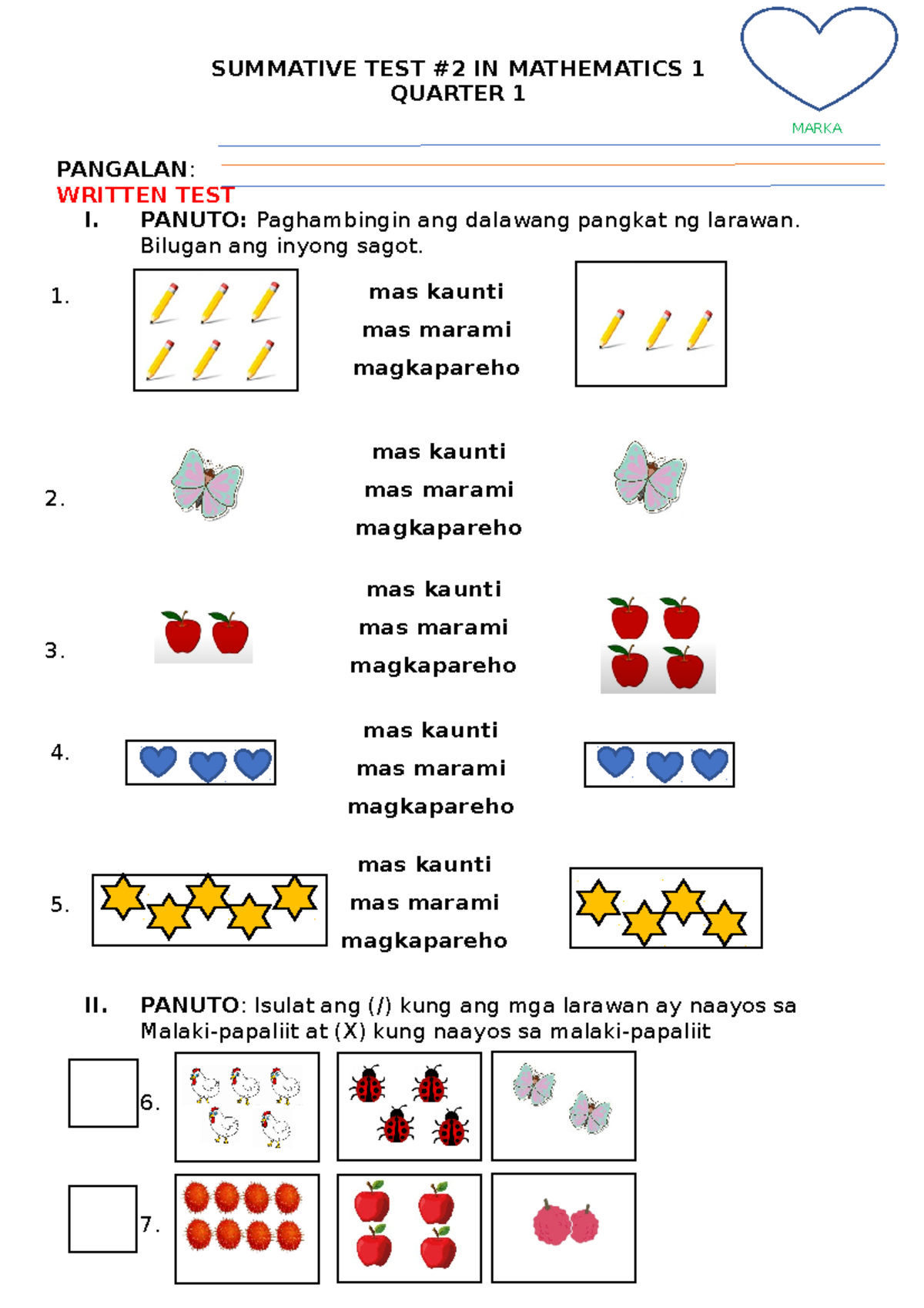 Summative Test #2 in Math (Q1W6) - Written and Performance Assessment ...