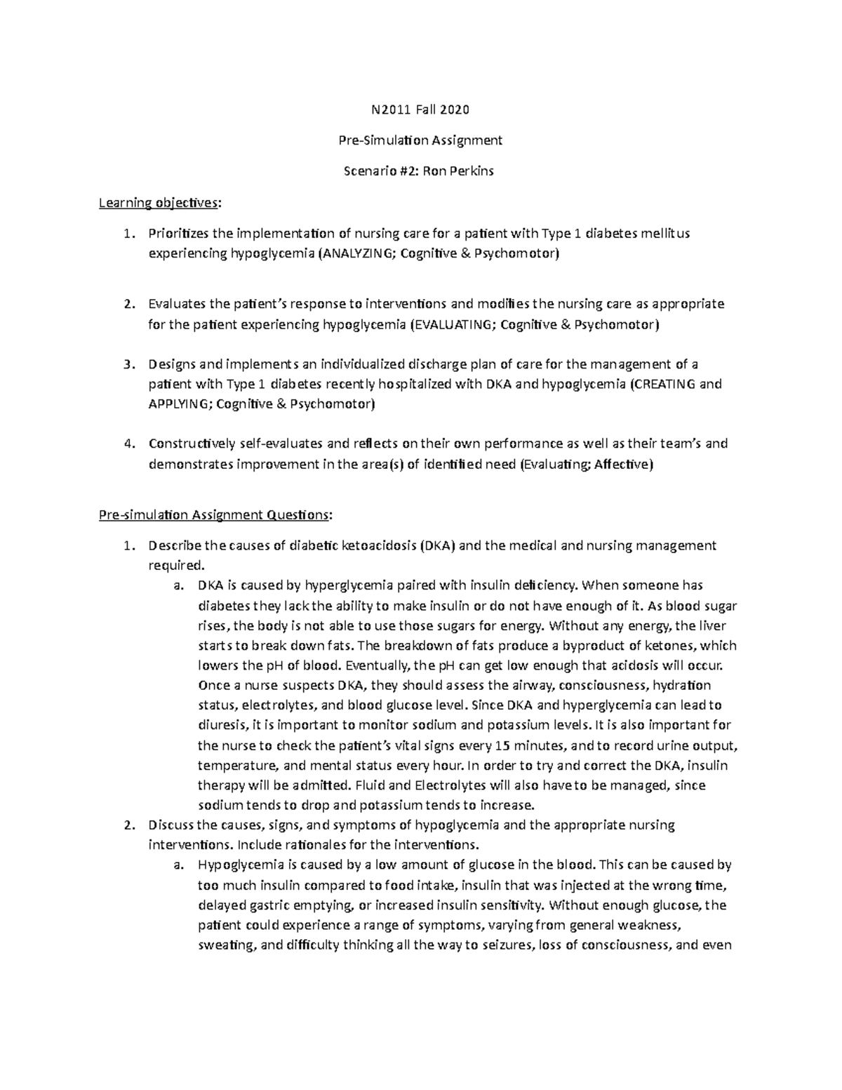 Pre Sim 1 - Pre simulation assignment - N2011 Fall 2020 Pre-Simulation Assignment Scenario #2 ...