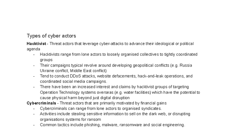 GESS Cyber Webinar: Understanding Cyber Actors and Threats - Studocu