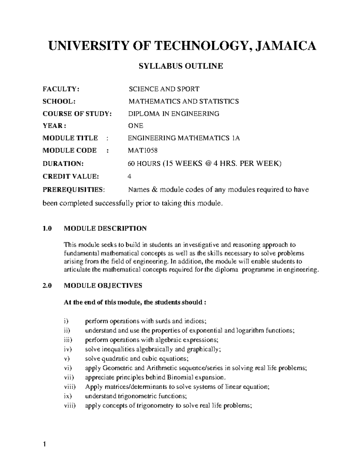 Syllabus for Engineering Mathematics 1A (MAT1058) - Year 1 - Studocu