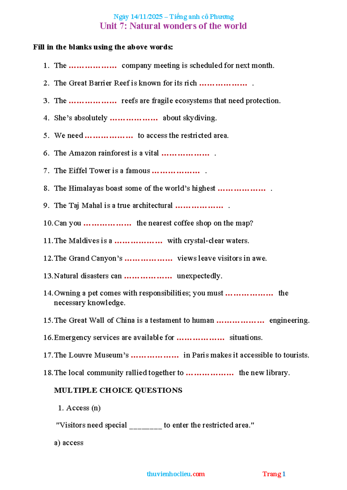 Tiếng Anh Cô Phương: Unit 7 - Natural Wonders Fill-in-the-Blanks & MCQs ...