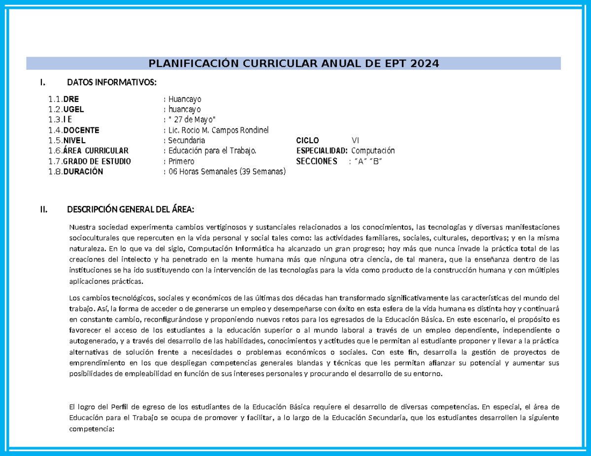 PLAN ANUAL DE EDUCACIÓN PARA EL TRABAJO EPT 2024 - SECUNDARIA - Studocu