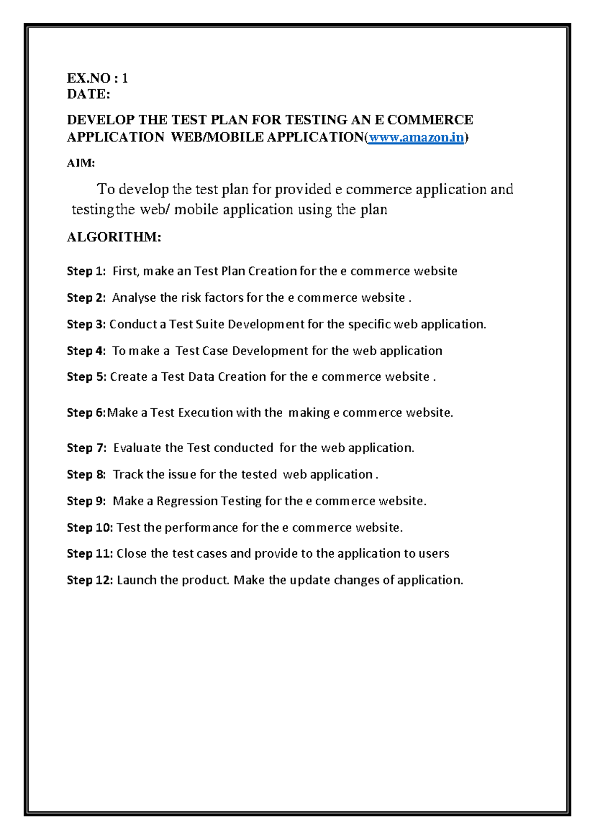STA-LAB Manual - EX : 1 DATE: DEVELOP THE TEST PLAN FOR TESTING AN E ...