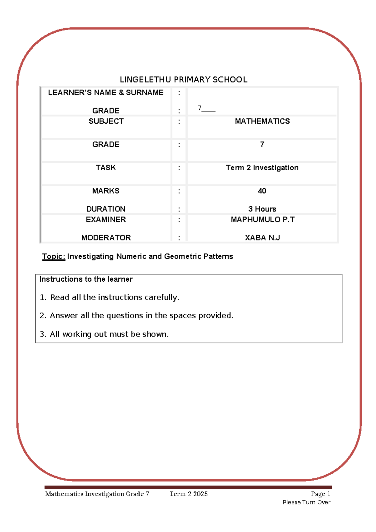 Grade 7 Mathematics Term 2 Investigation: Patterns and Sequences - Studocu
