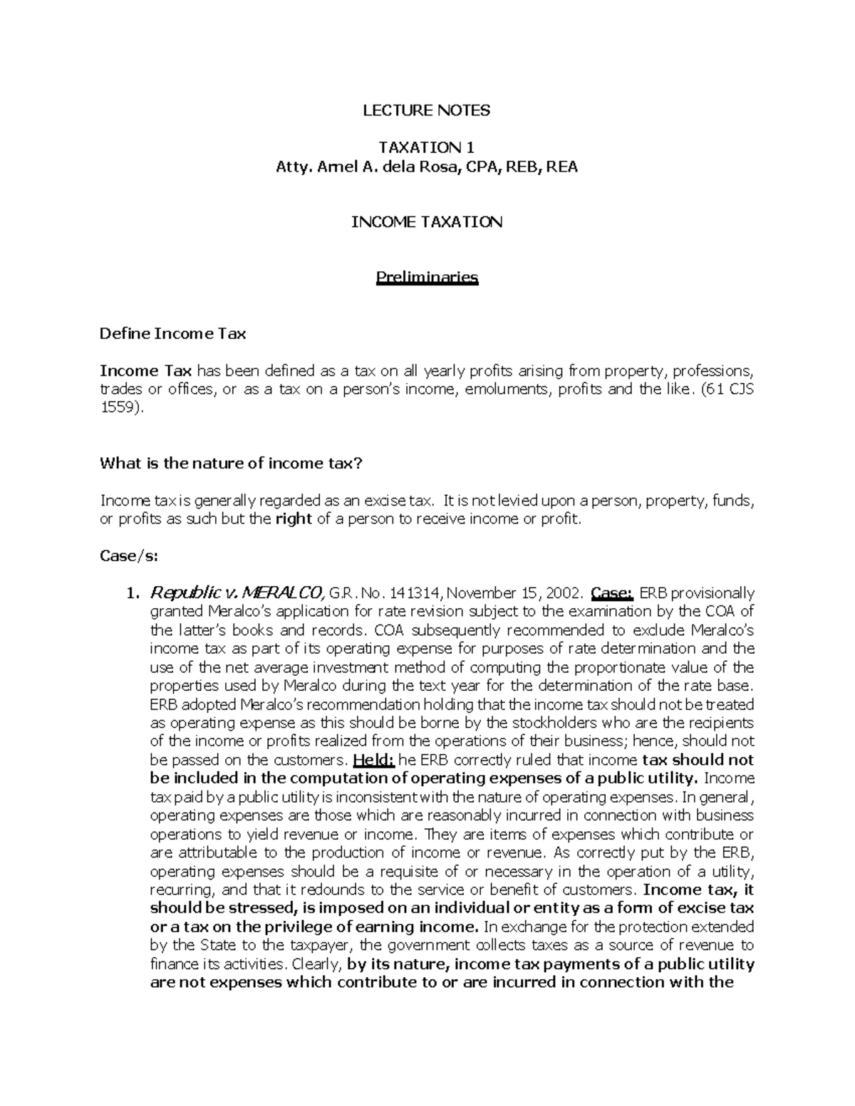LECTURE NOTES TAXATION 1: INCOME TAXATION PRELIMINARIES - Studocu