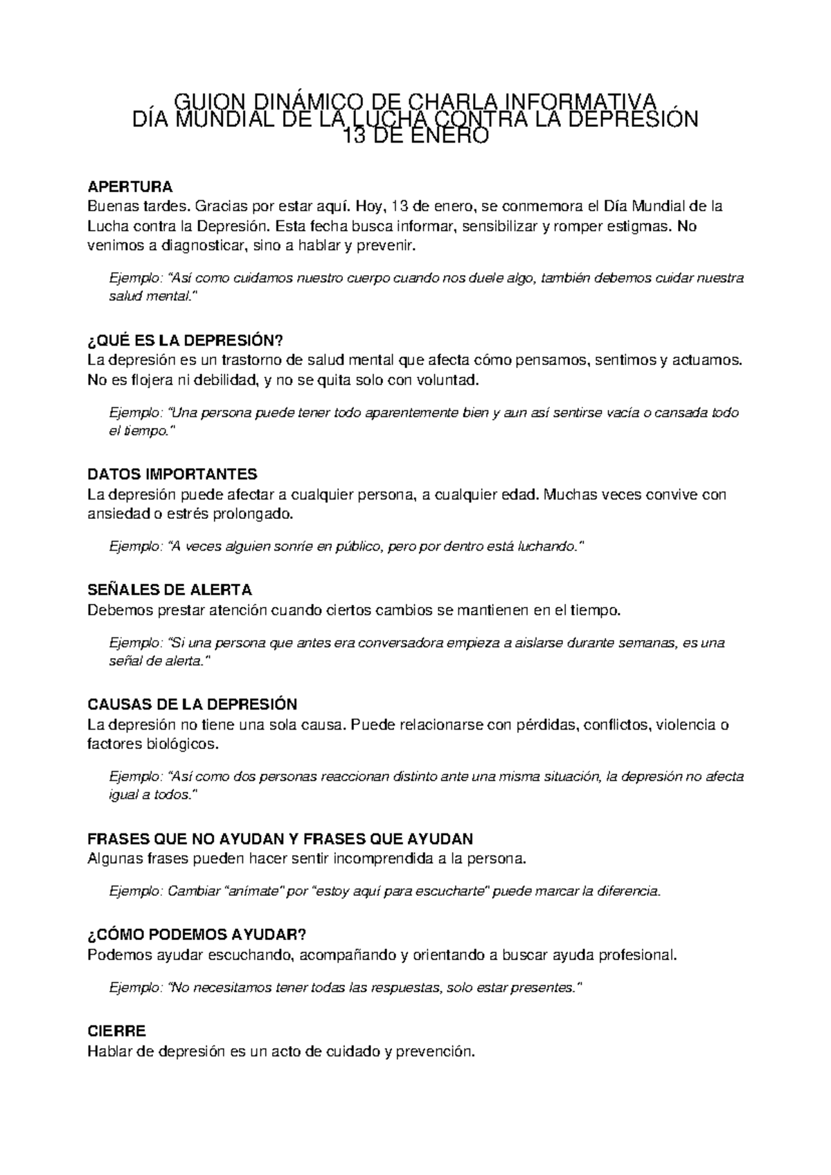 Guion Dinámico: Charla sobre la Lucha contra la Depresión - Studocu