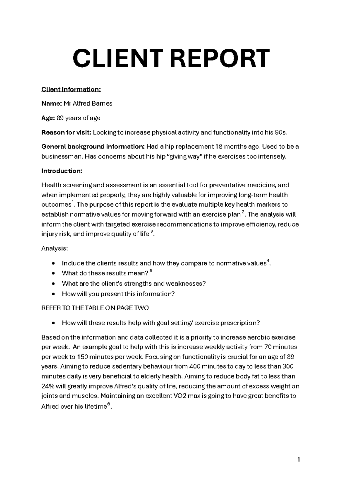 CLIENT REPORT: Health Assessment & Exercise Plan for Mr. Barnes - Studocu