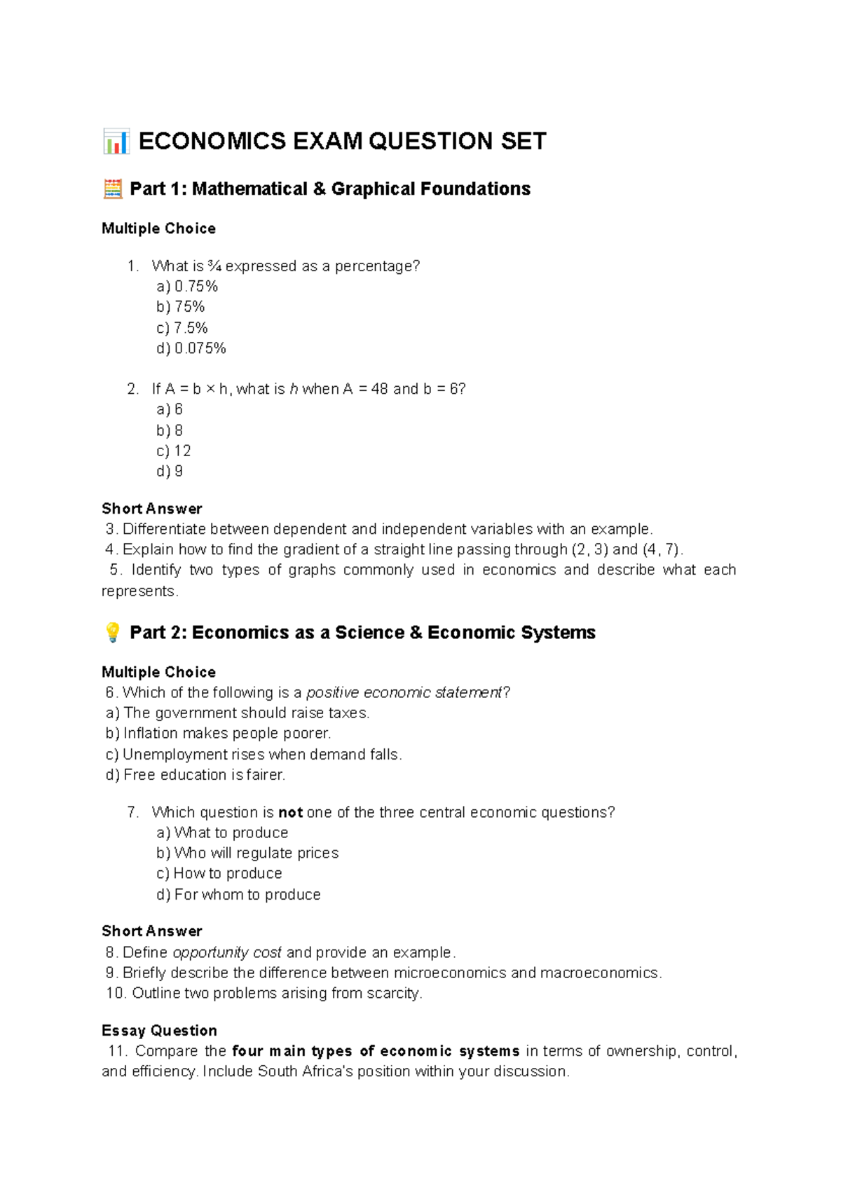 ECON 101: Economics Exam Question Set - Comprehensive Review - Studocu