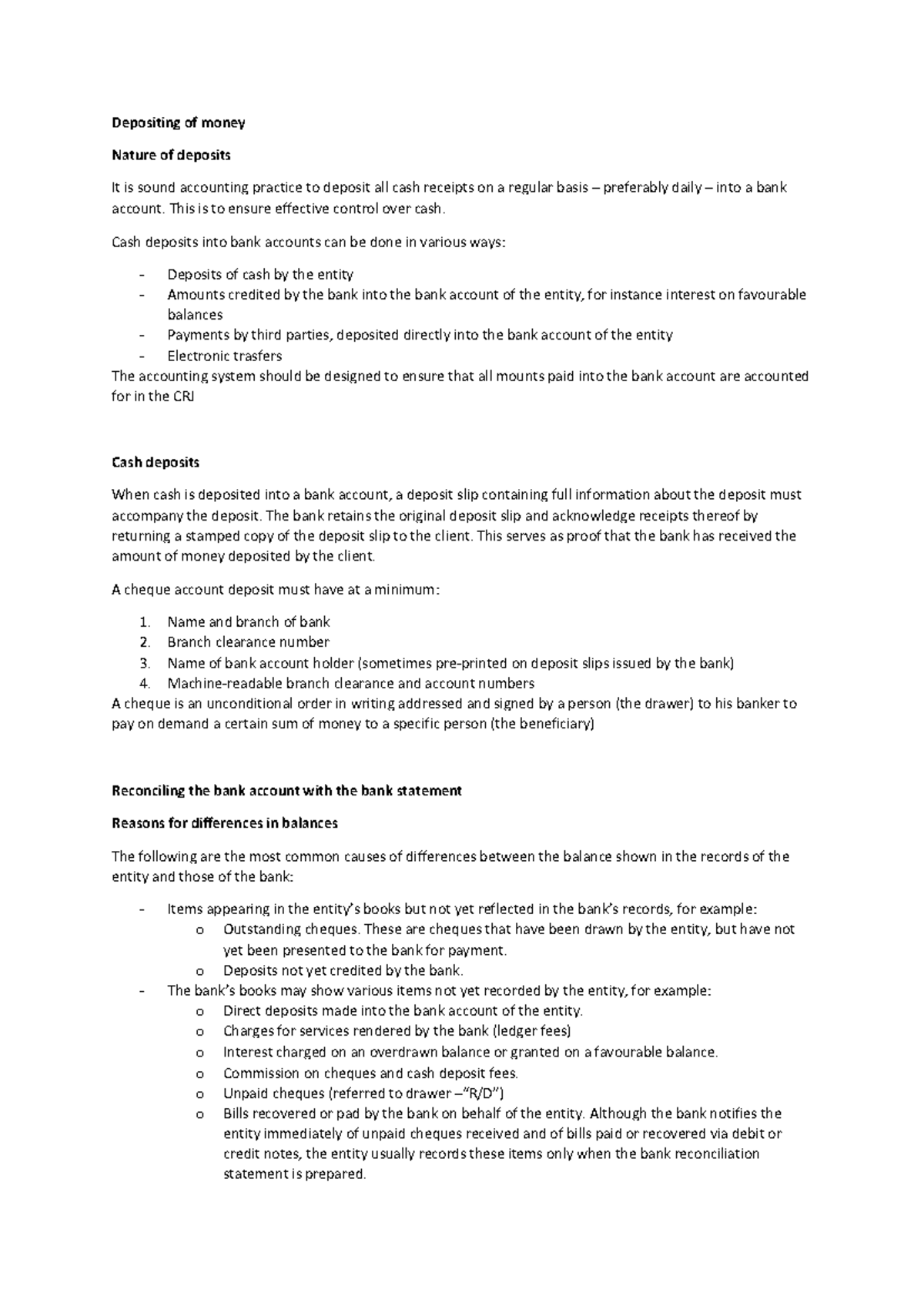 Bank Reconciliation and Deposit Procedures - ACC101 Final Exam Notes ...