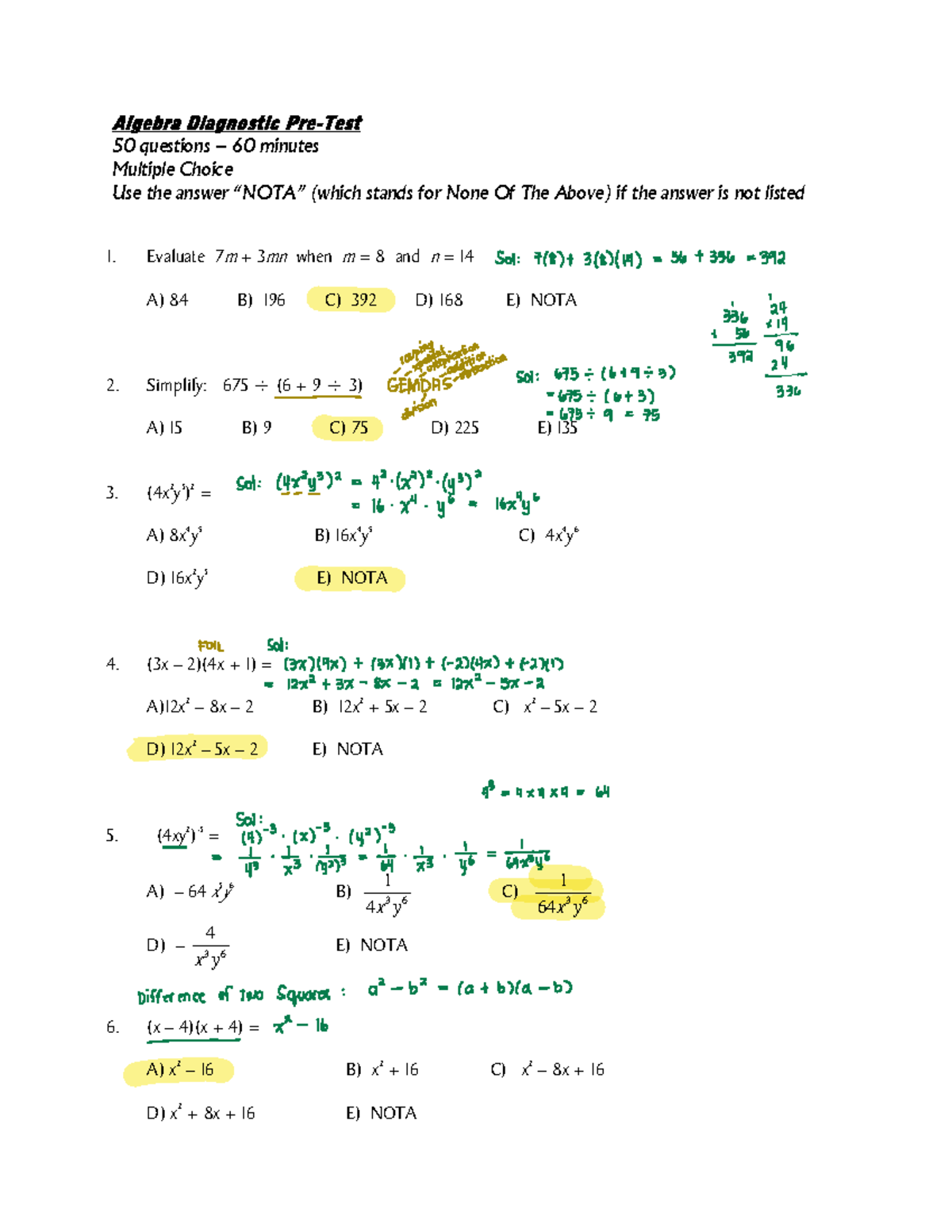 Algebra 101: Diagnostic Practice Test - 50 Questions, 60 Minutes - Studocu