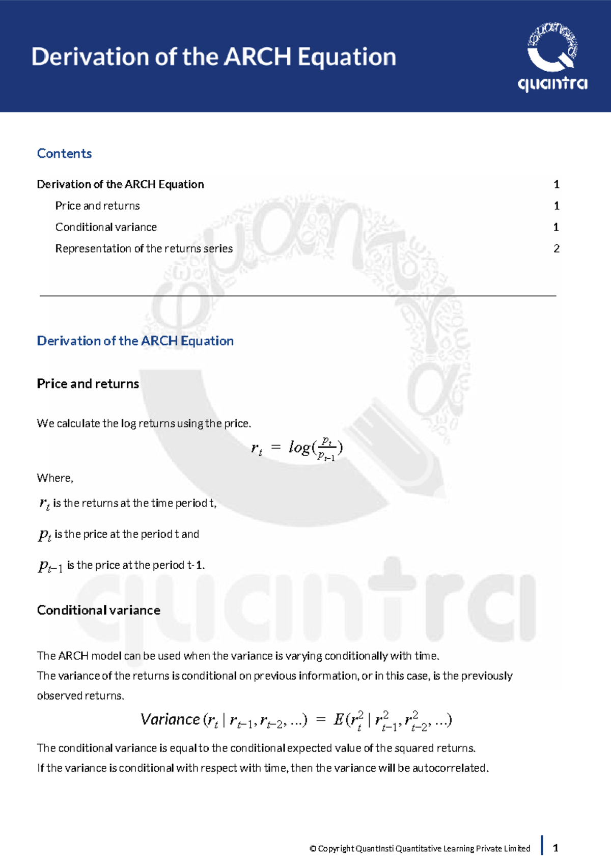 ARCH-Derivationwatermark - Contents Derivation of the ARCH Equation 1 ...