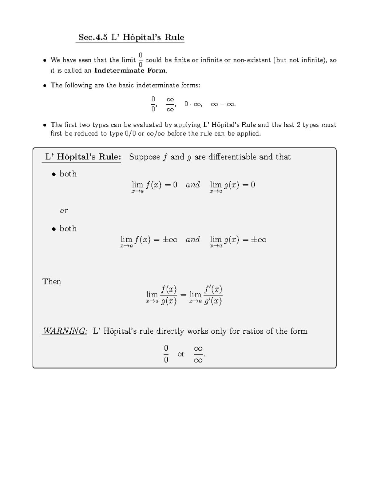 L'Hôpital's Rule and Indeterminate Forms - Math 101 Lecture Notes - Studocu