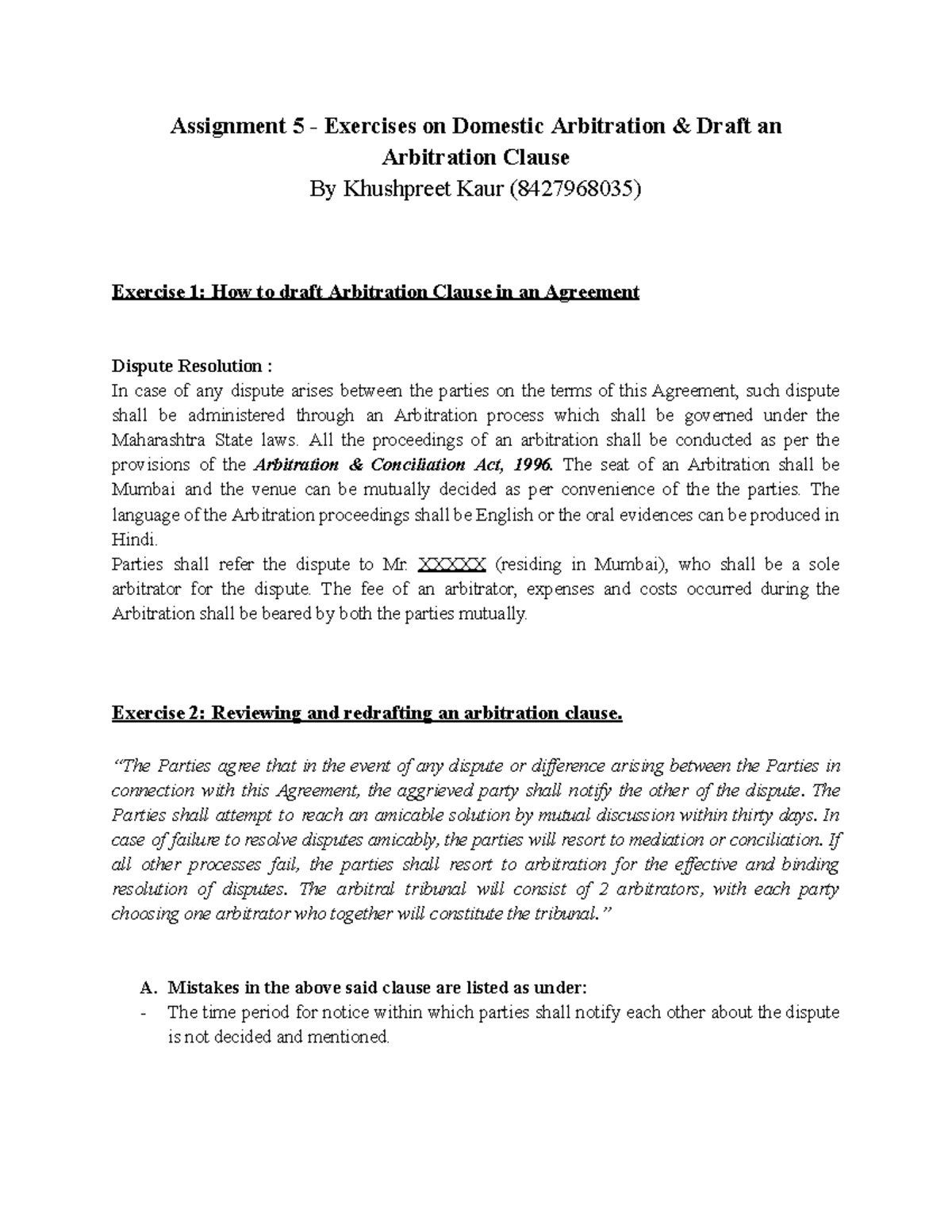 Assignment 5: Drafting & Exercising Domestic Arbitration Clauses - Studocu