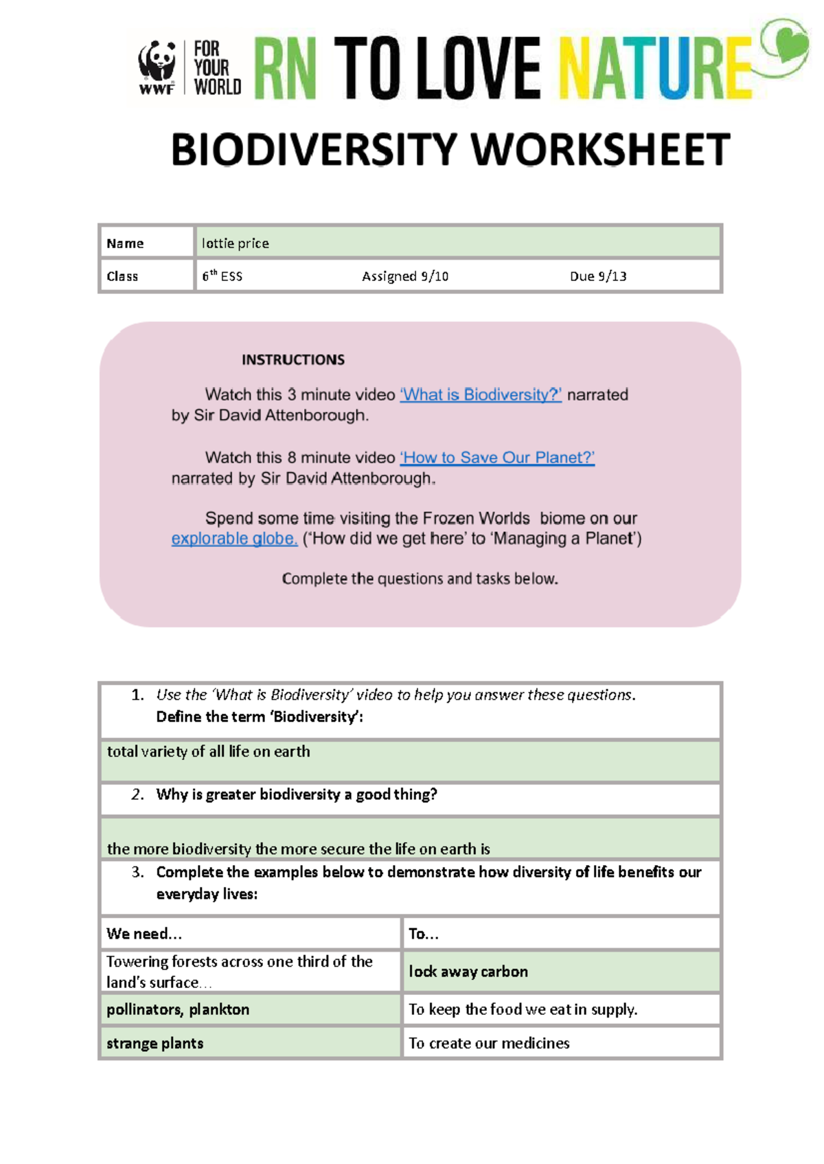 Biodiversity Worksheet for Class 6th ESS - Impact and Importance - Studocu