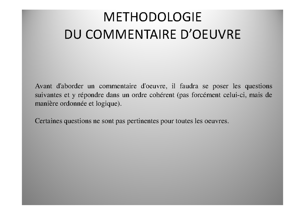 Méthodologie du Commentaire d'Œuvres d'Art - Étude de Cas - Studocu