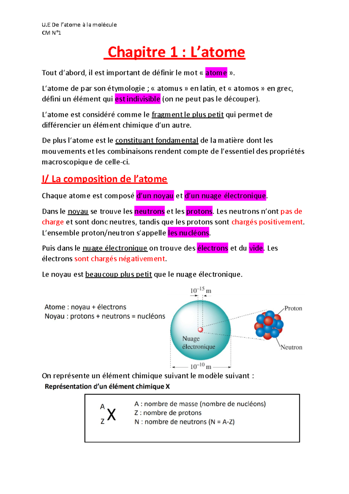 U.E. De l'Atome à la Molécule - CM N°1: Concepts Fondamentaux et ...
