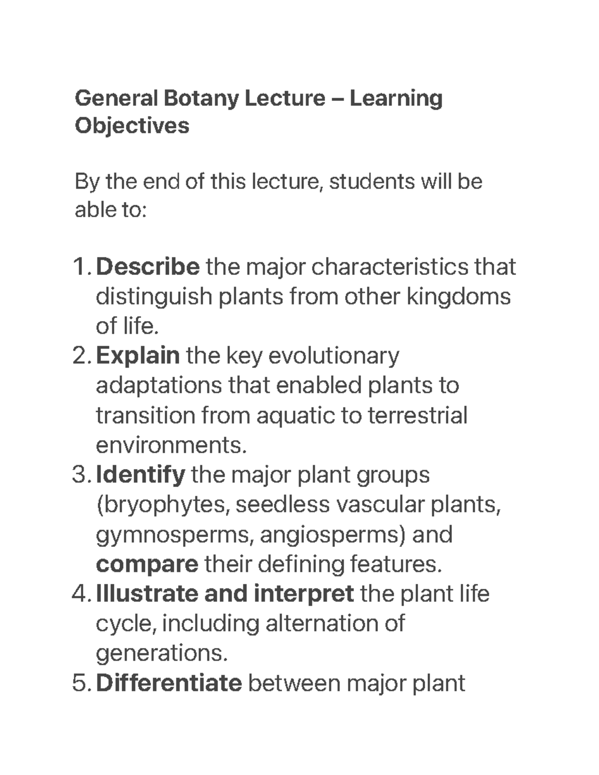 General Botany (BIO 101) Lecture: Learning Objectives - Studocu