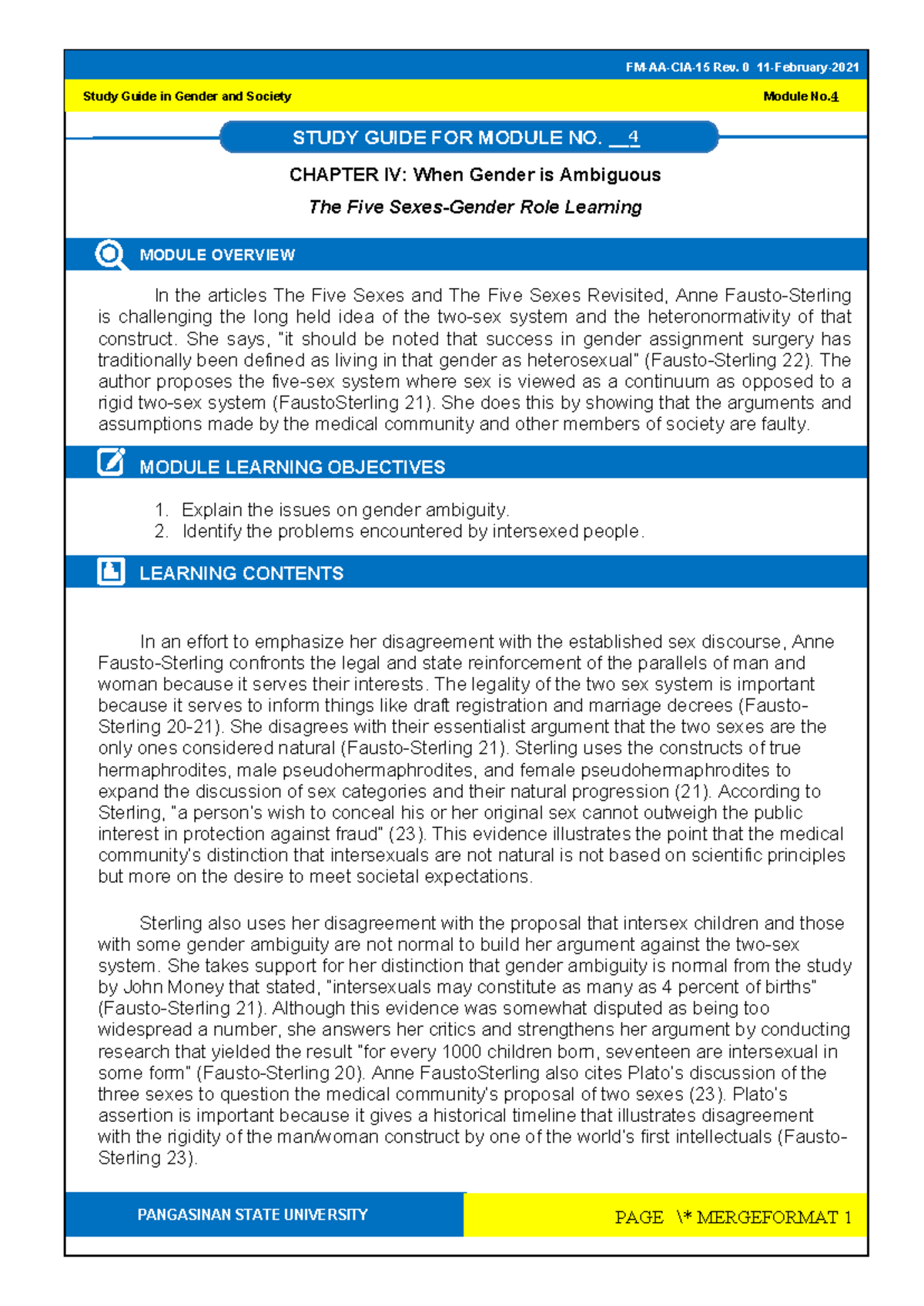 Five Sexes Gender Learning - STUDY GUIDE FOR MODULE NO. ___ FM-AA-CIA ...