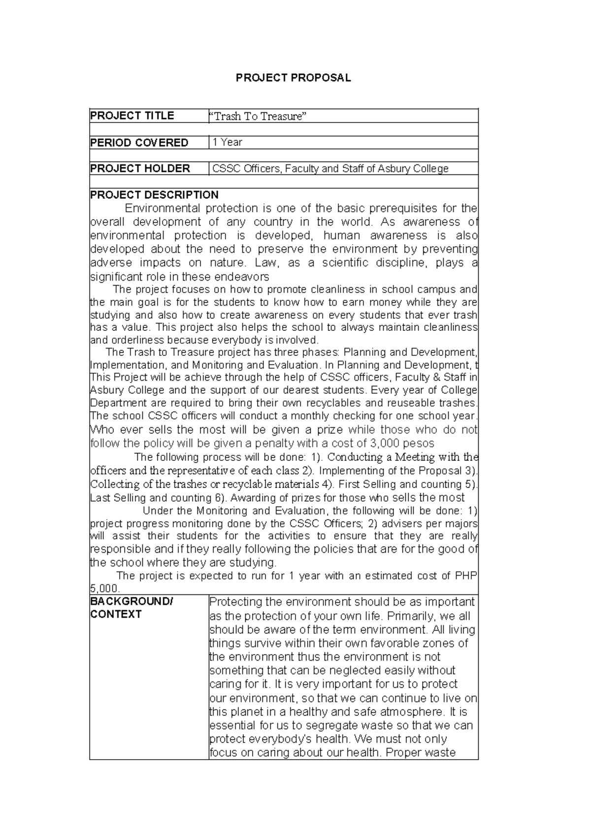 CSSC Project Proposal: Trash to Treasure Initiative for Environmental ...