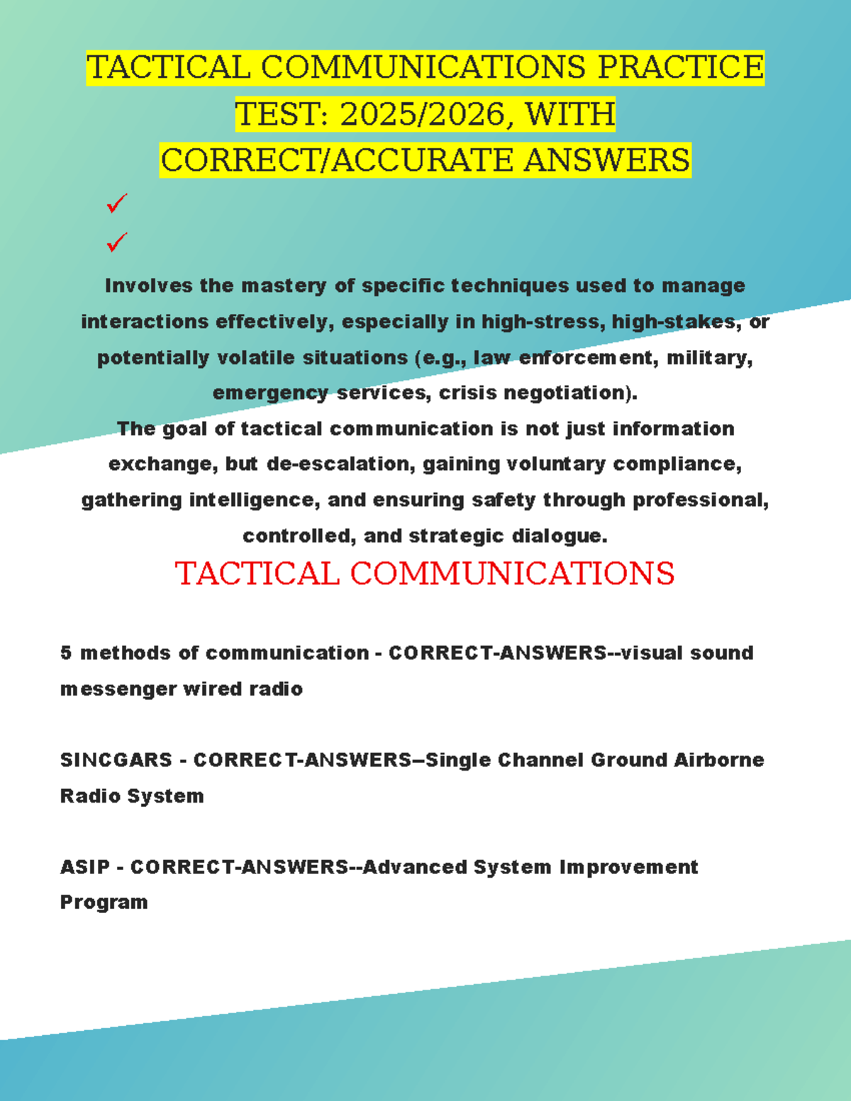 TACTICAL COMMUNICATIONS PRACTICE TEST (WITH ANSWERS) - Studocu