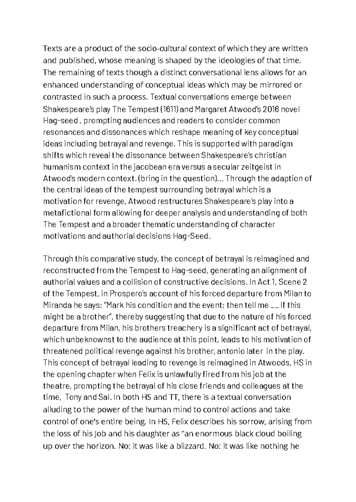 Comparative Study of Betrayal: The Tempest & Hag-seed Analysis - Studocu