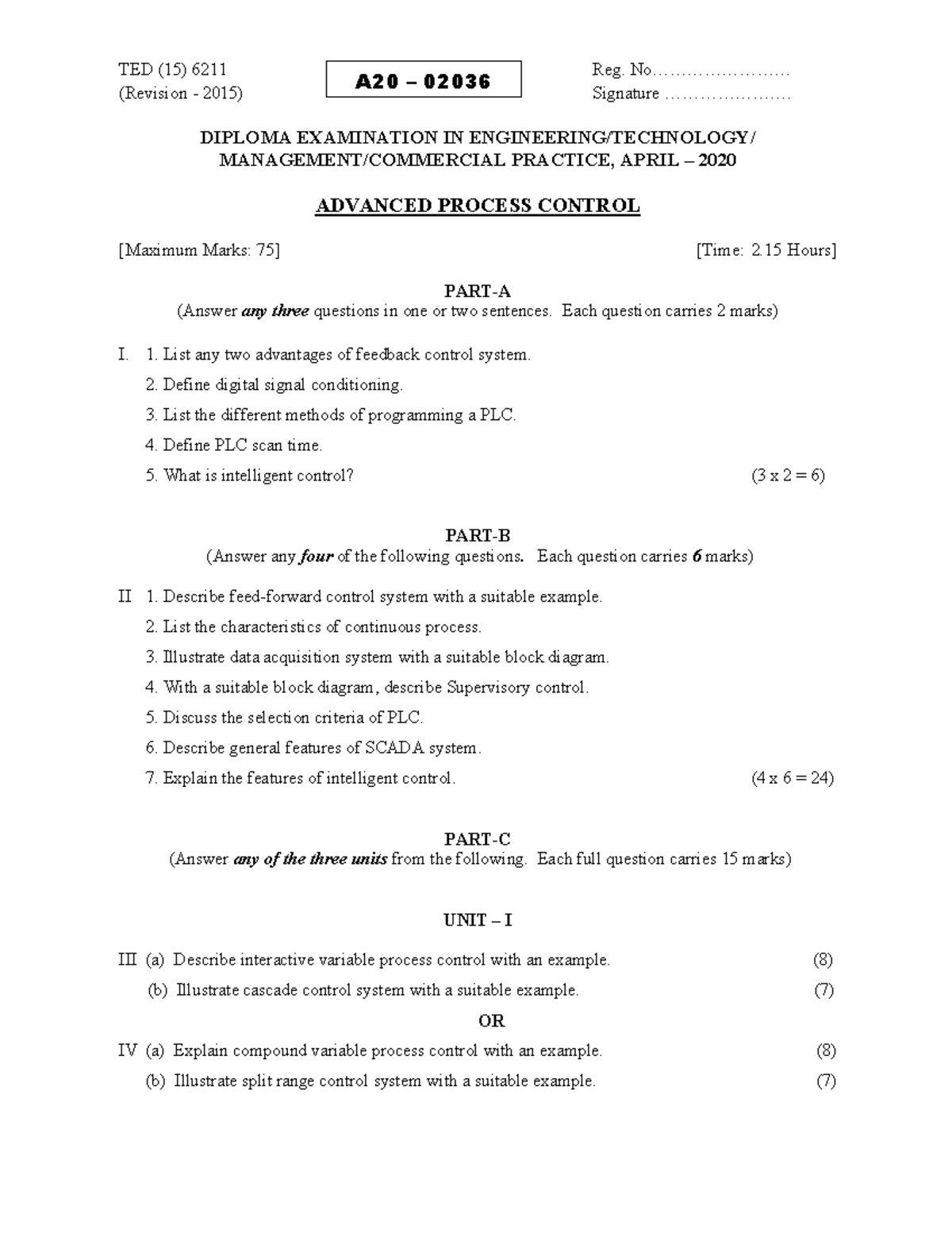 Advanced Process Control Exam A20 R15 6211 - April 2020 - Studocu